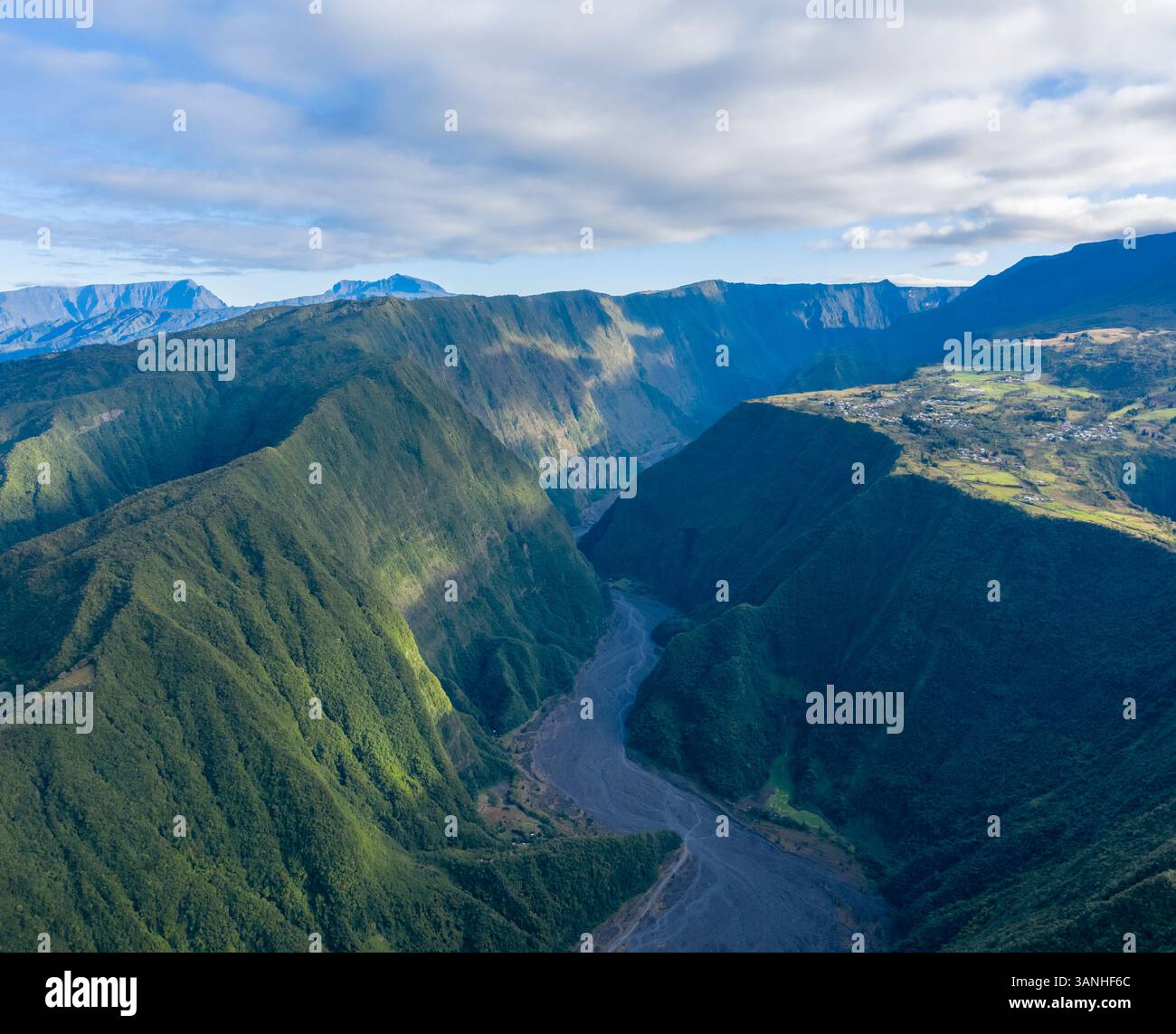 Aerial view of Riviere des Remparts, a river with canyon at Saint ...