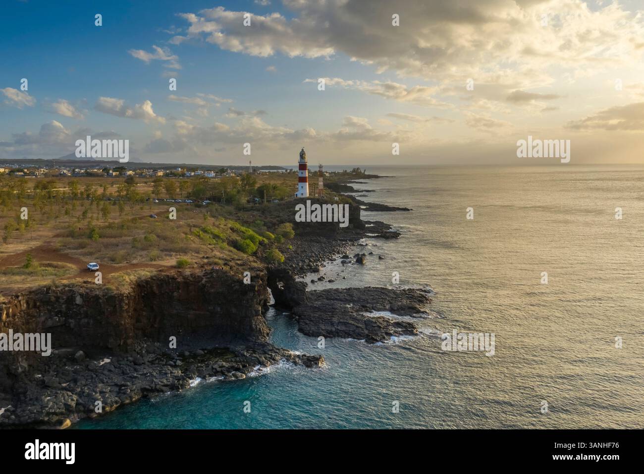 Aerial view of a lighthouse along the coastline near Albion, Mauritius ...