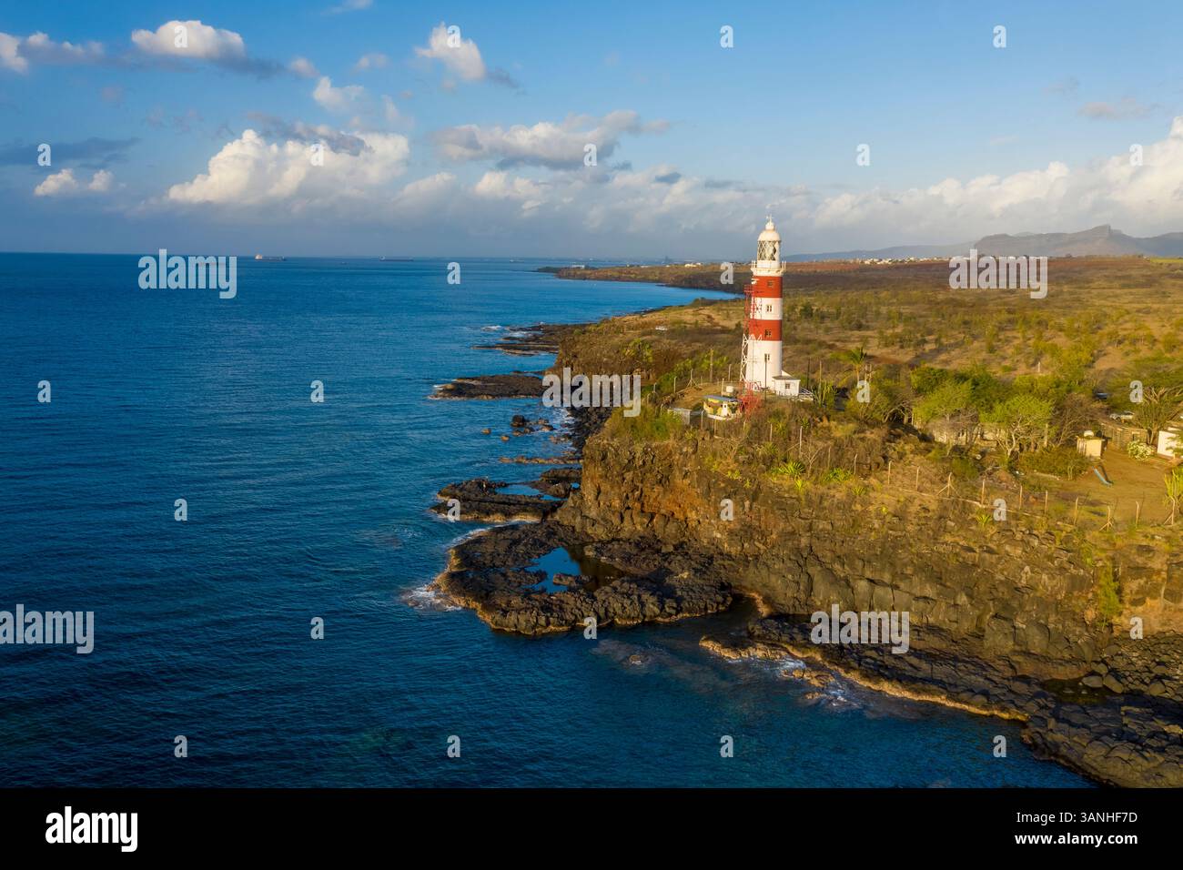 Aerial view of a lighthouse along the coastline near Albion, Mauritius ...