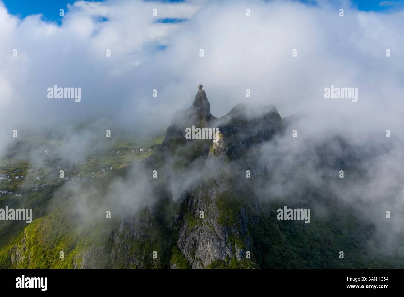 Aerial view of Pieter Both peak, a mountain peak for hikers near ...