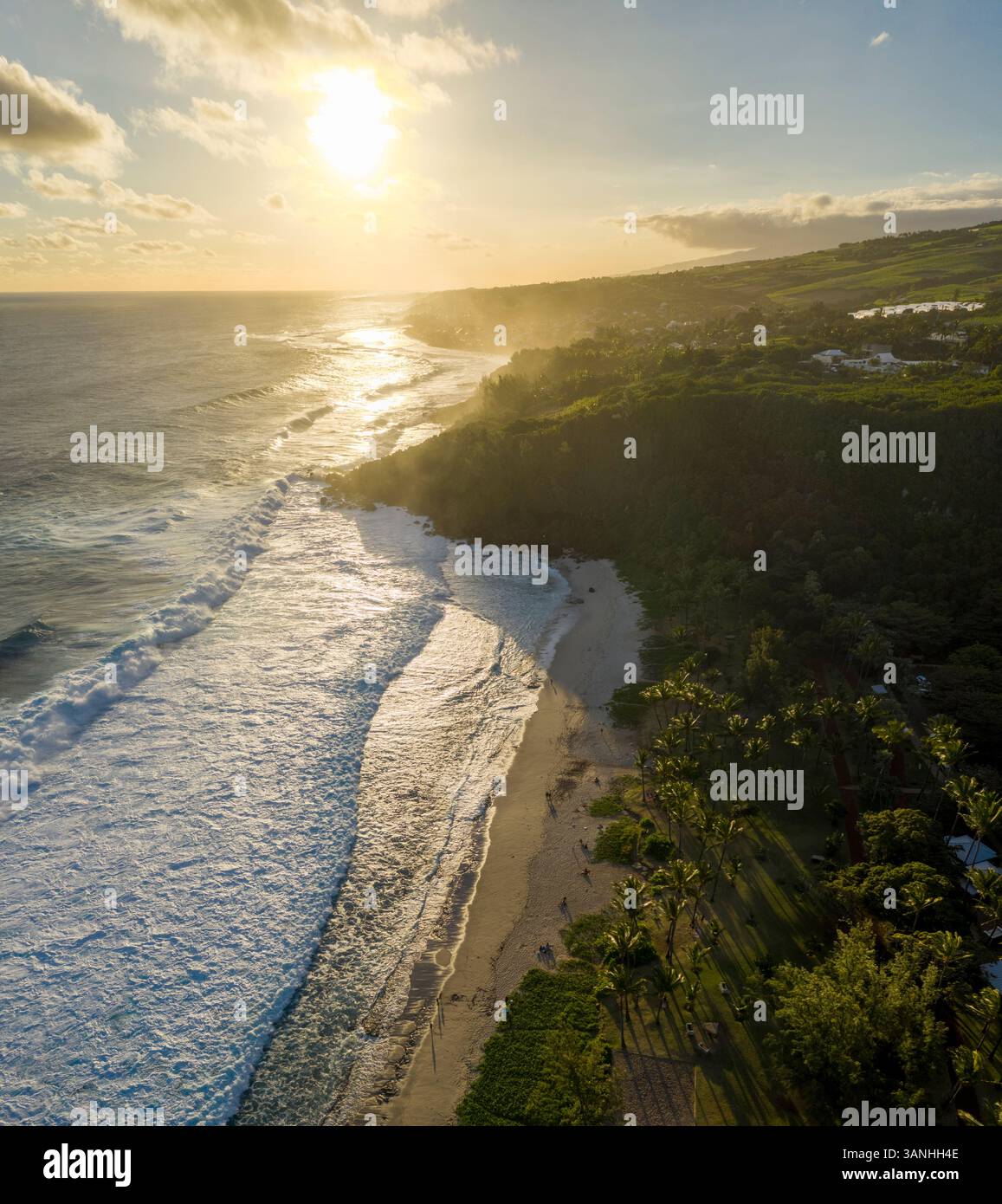 Aerial view of Grande Anse beach at sunset, Petite Ile, Reunion Stock ...