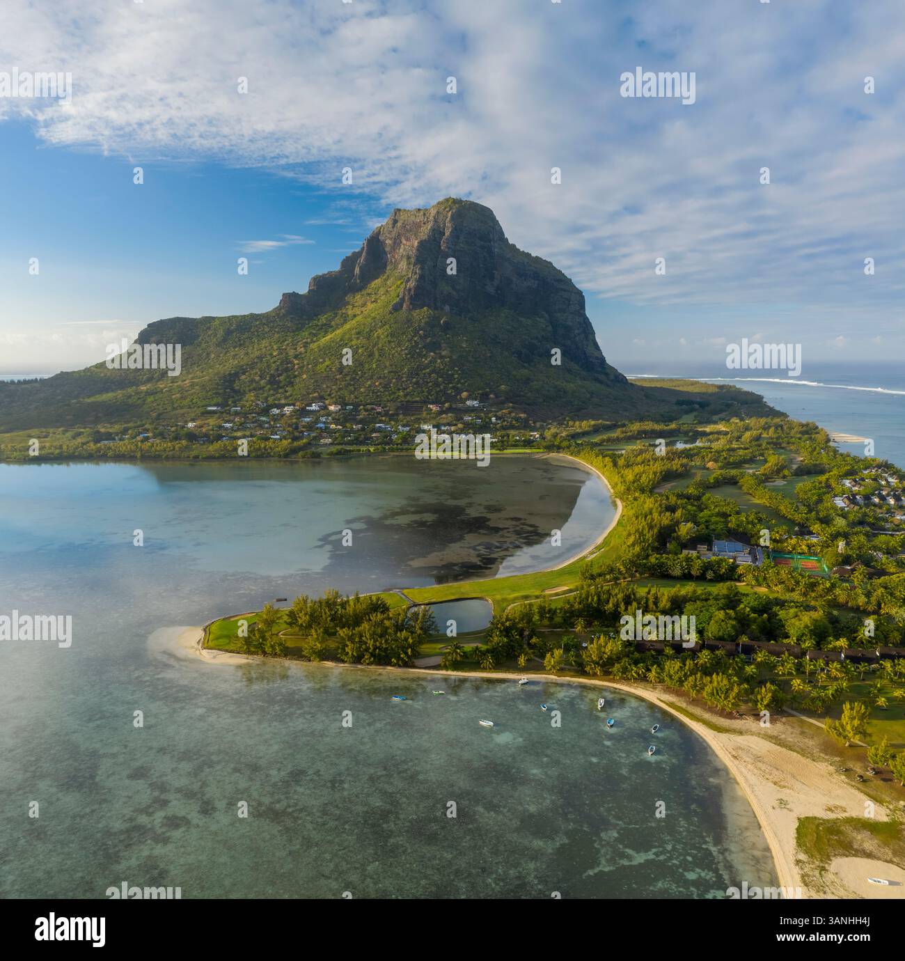 Aerial view of island's Toe, a small peninsula near Ilot du Morne reef ...