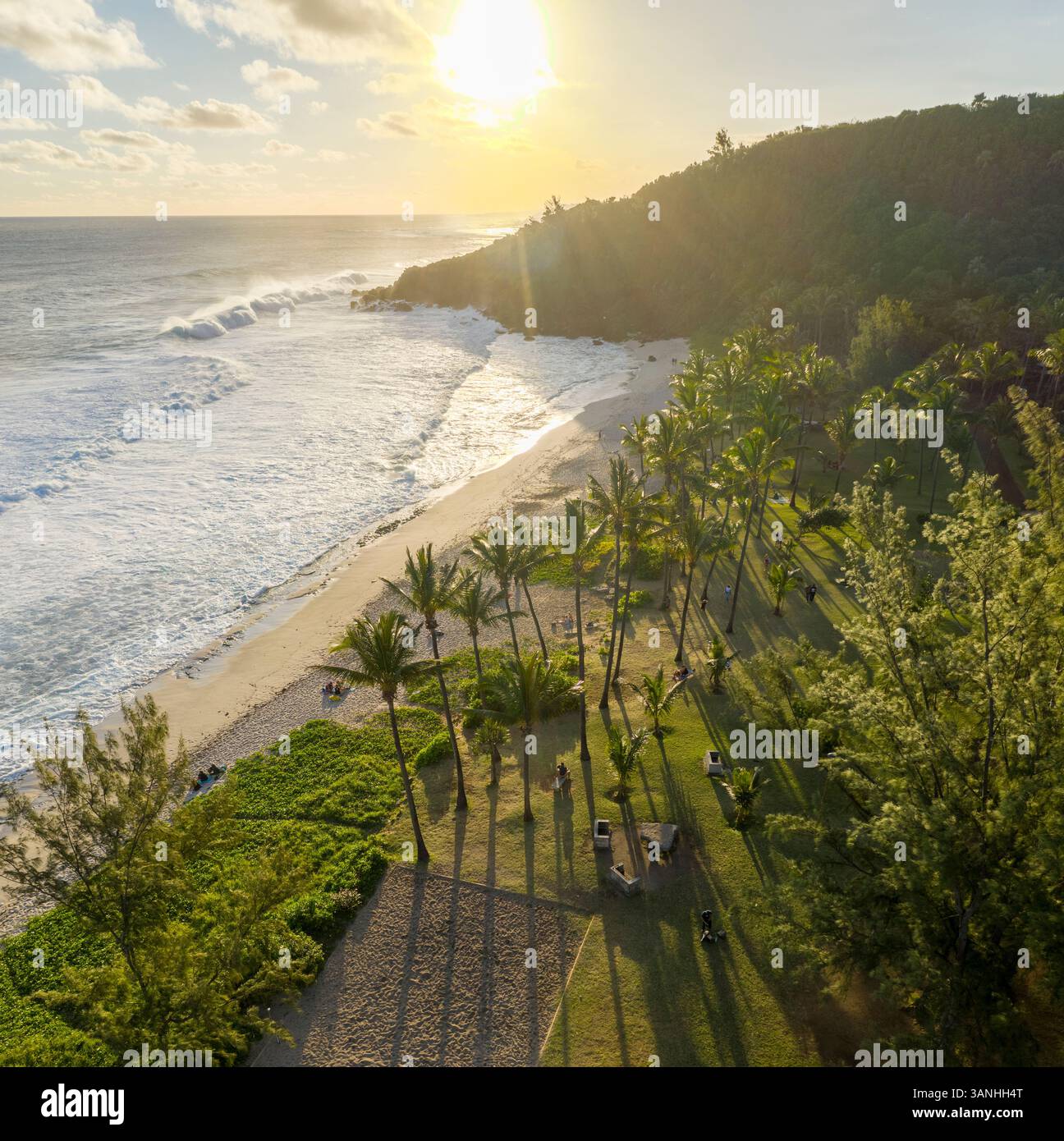 Aerial view of Grande Anse beach at sunset, Petite Ile, Reunion Stock ...
