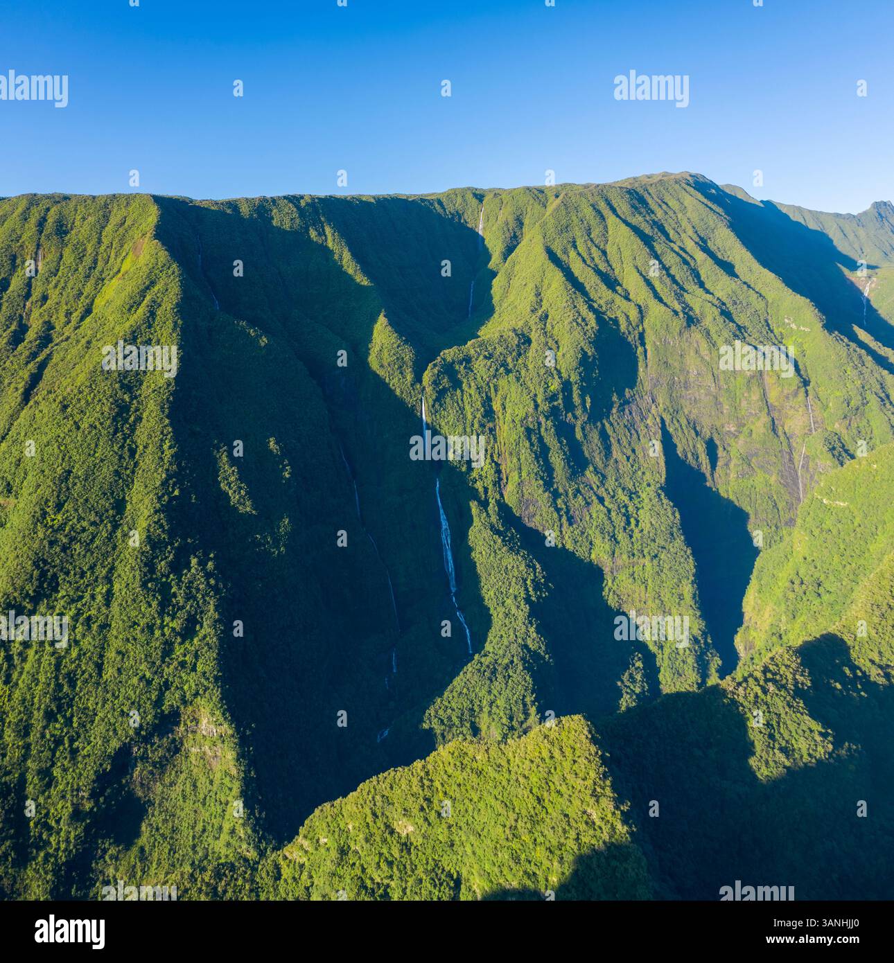 Aerial view of Cascade de La Grande Ravine, a beautiful waterfall among ...