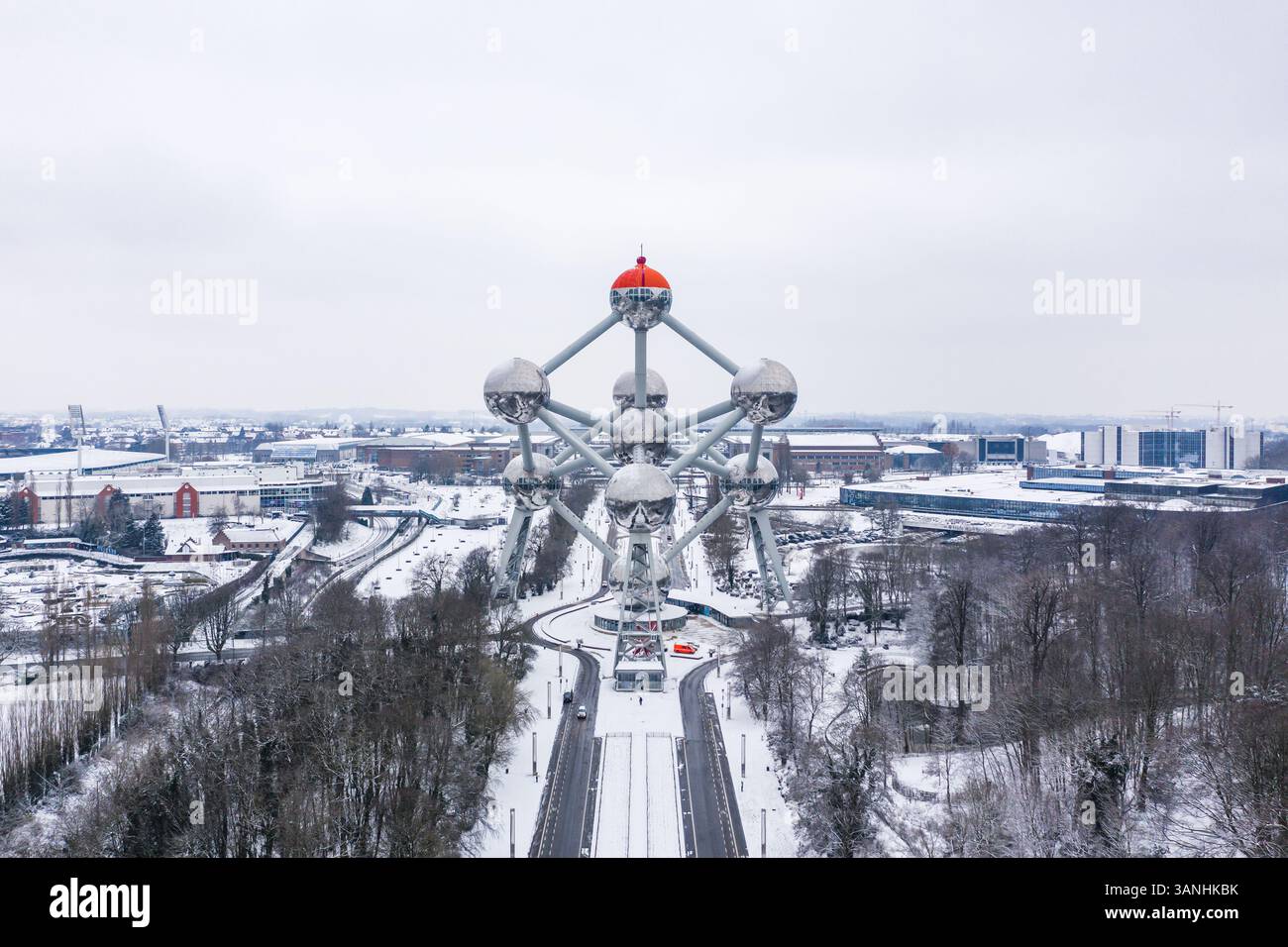 Aerial view of the Atomium in wintertime, a towering and iconic steel ...