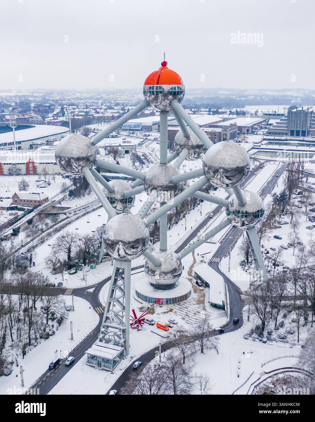 Aerial view of the Atomium in wintertime, a towering and iconic steel ...