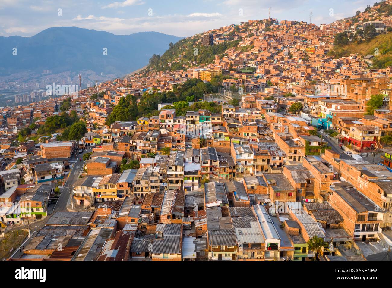 Aerial view of north residential district of Medellin, a dense ...