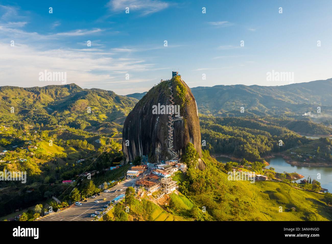 Aerial view of Piedra del Penol touristic attraction, a huge rock with ...