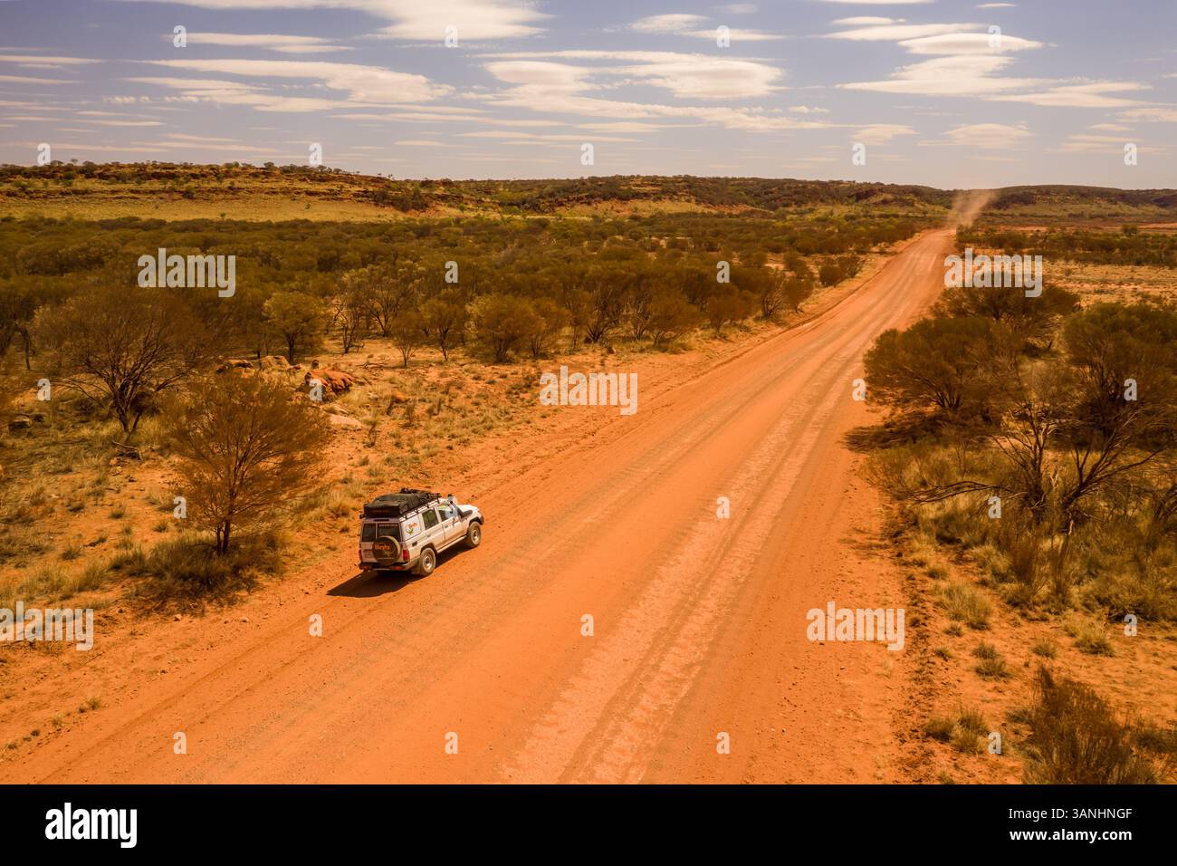 Mereenie, Australia - 11 October 2019: Aerial view of an off road jeep ...