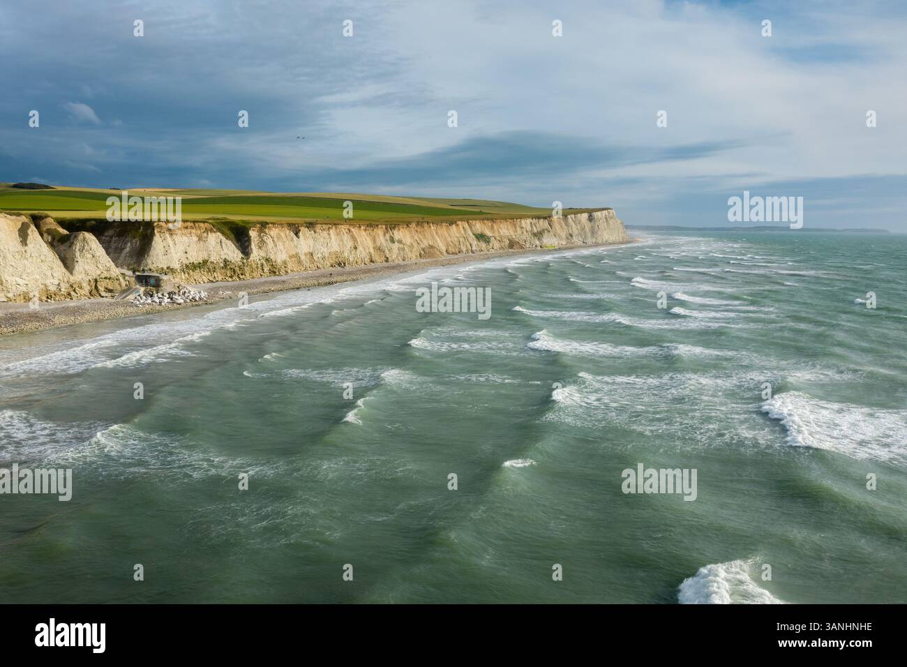 Aerial view of wild white cliffs in Cap Blanc Nez facing the Strait of ...