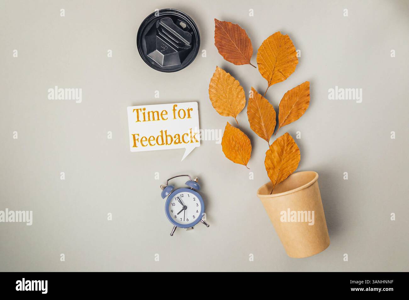 Clock and a cup with leaves on top of it. The leaves are orange and the ...