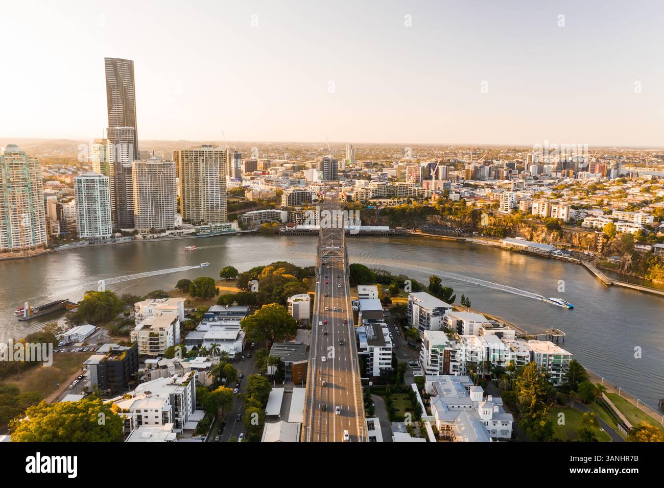 Aerial view of a bridge across a river, Kangaroo Point, Queensland ...