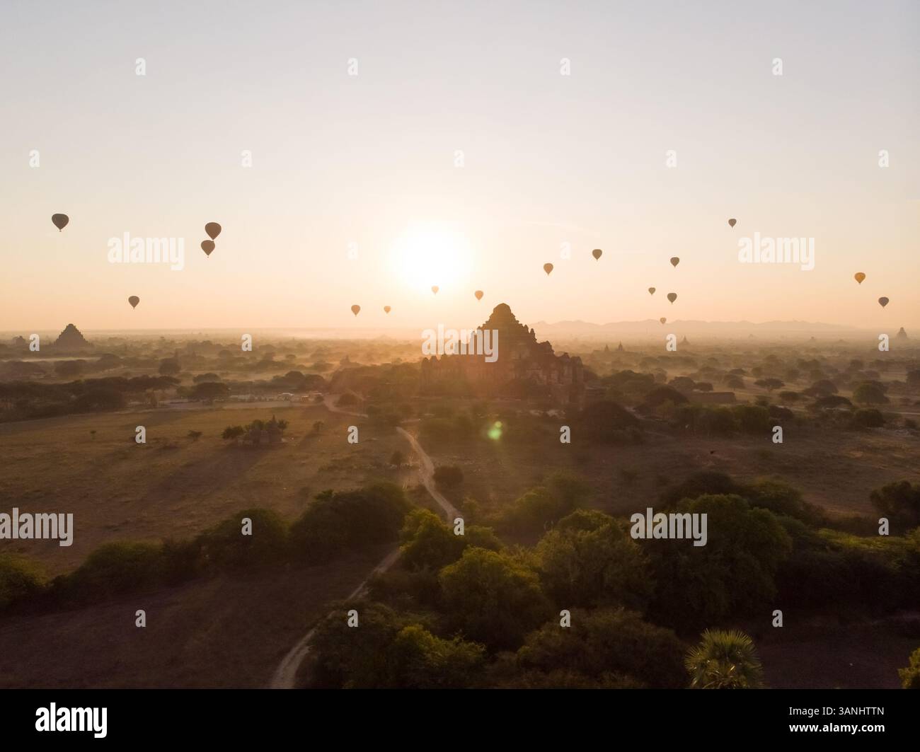 Aerial view of hot balloons flying over Bagan temples in Myanmar Stock ...