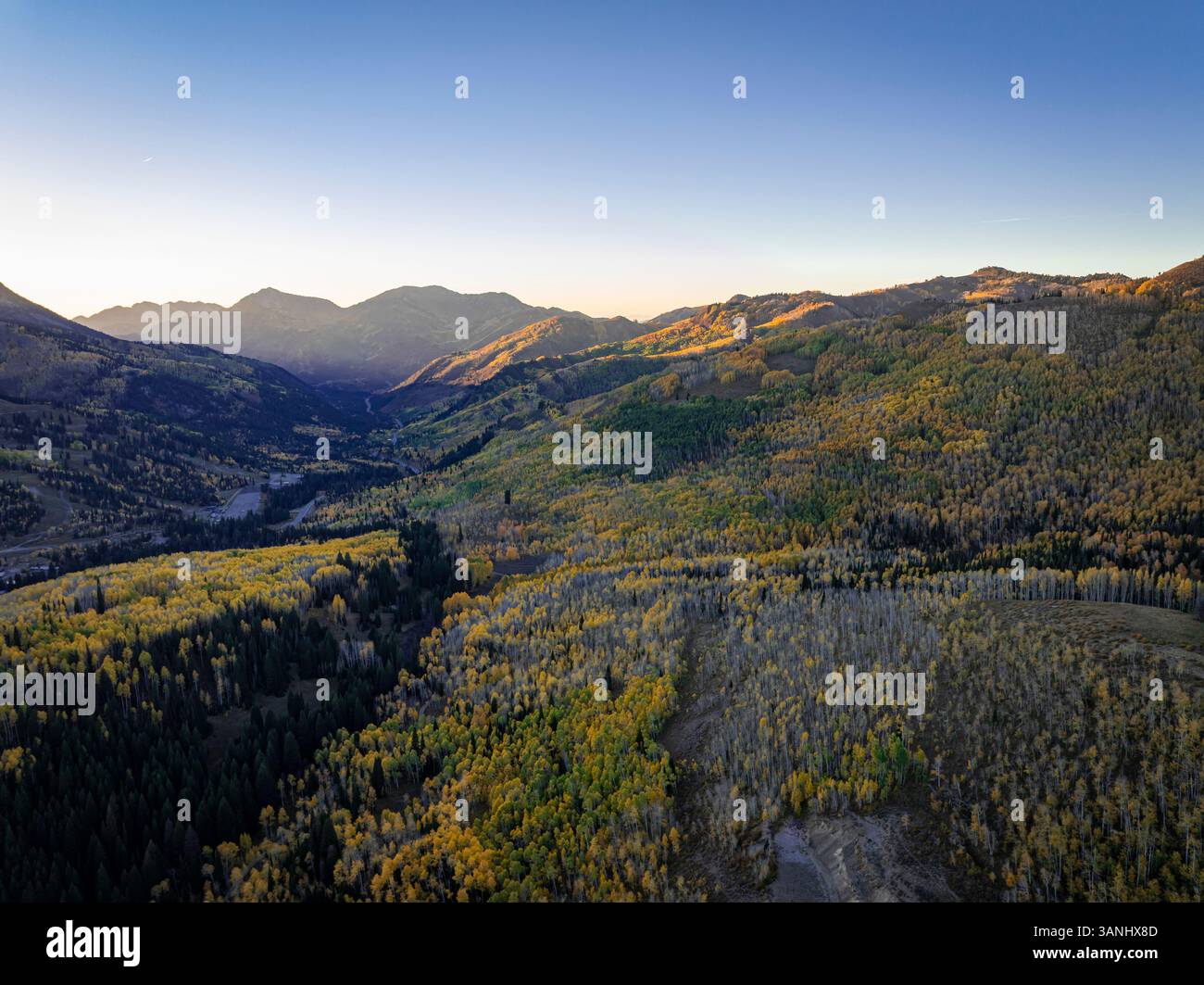 Aerial view of breathtaking autumn landscape with lush forests and ...