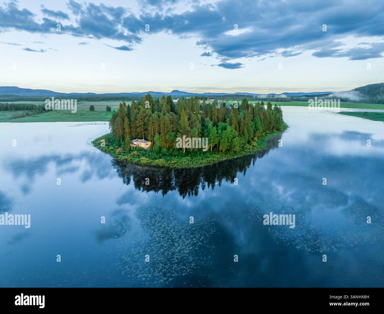 Aerial view of peninsula with lonely cabin in Overtornea, Sweden Stock ...