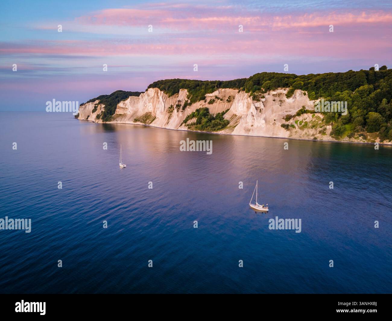Aerial view of two sailboats mooring close to Mons Klint, Denmark Stock ...