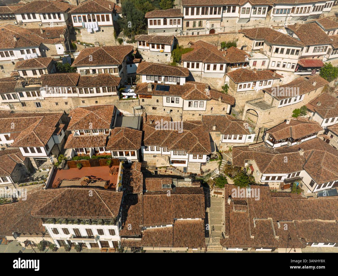 Aerial view of historic Mangalem with beautiful stone buildings and ...