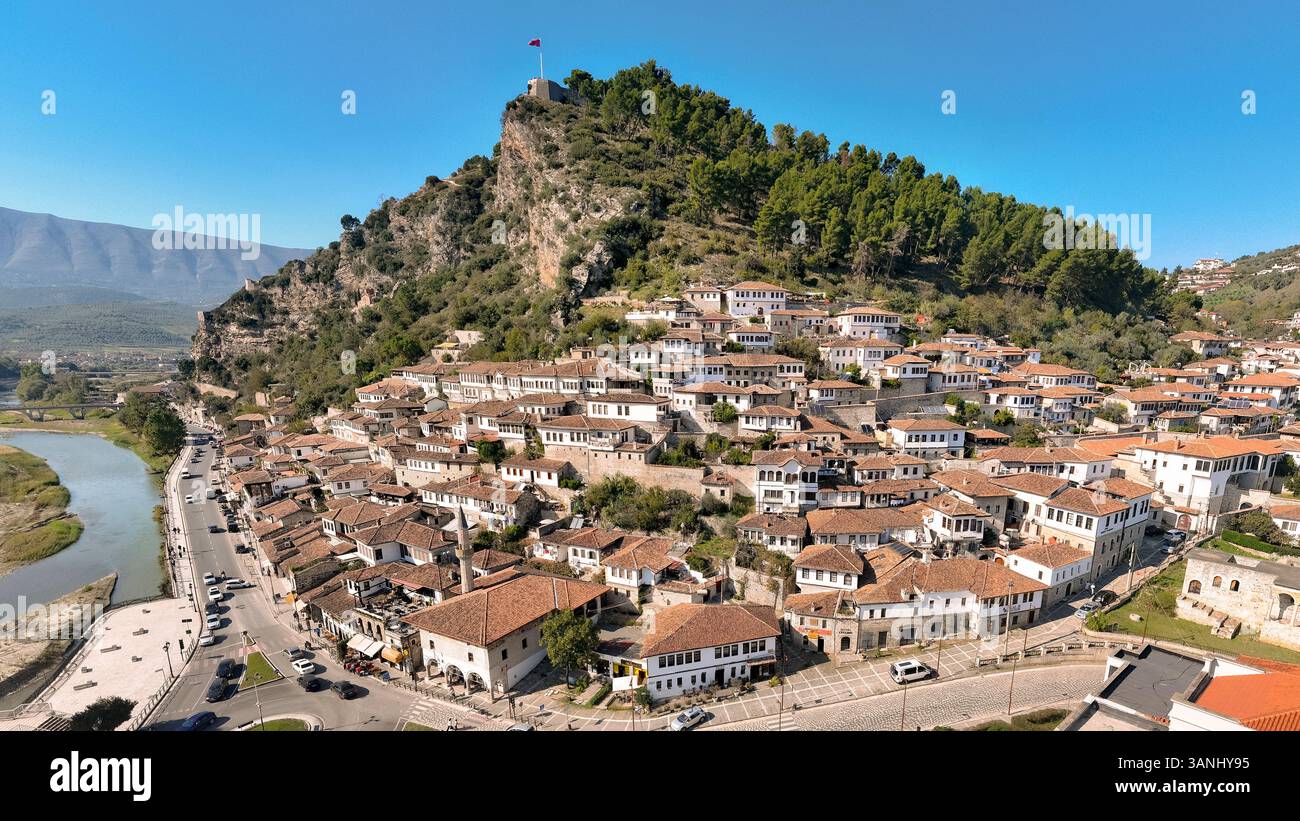 Aerial view of Mangalem with Berat Castle and traditional stone ...