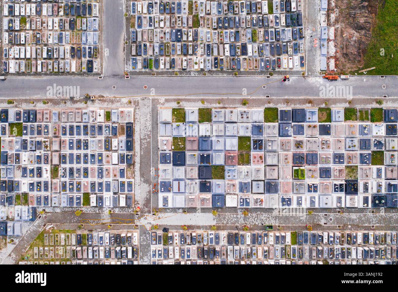 Aerial view of the patterns of the graves in a cemetery in Aveiro ...