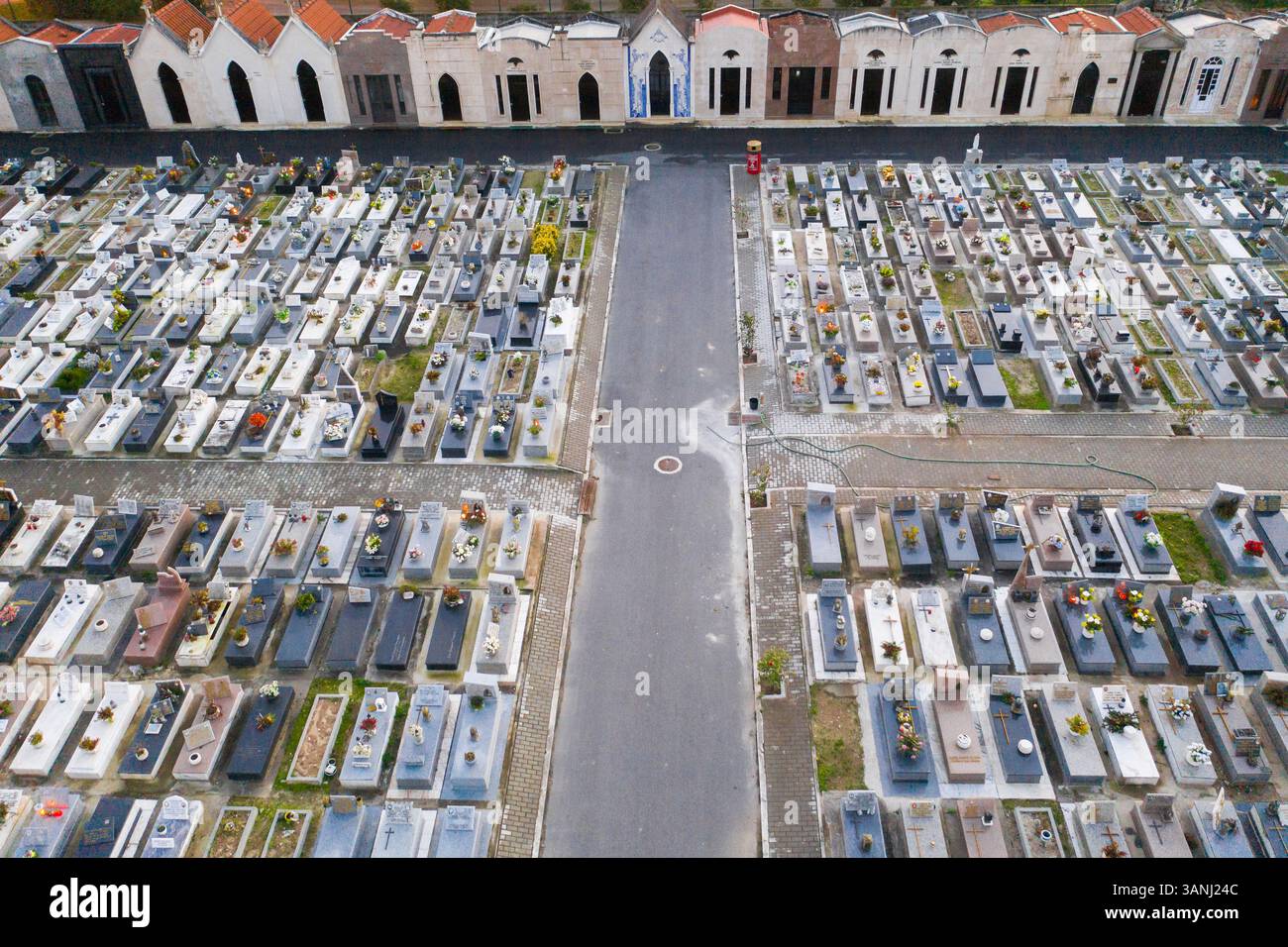 Aerial view of the patterns of the graves in a cemetery in Aveiro ...