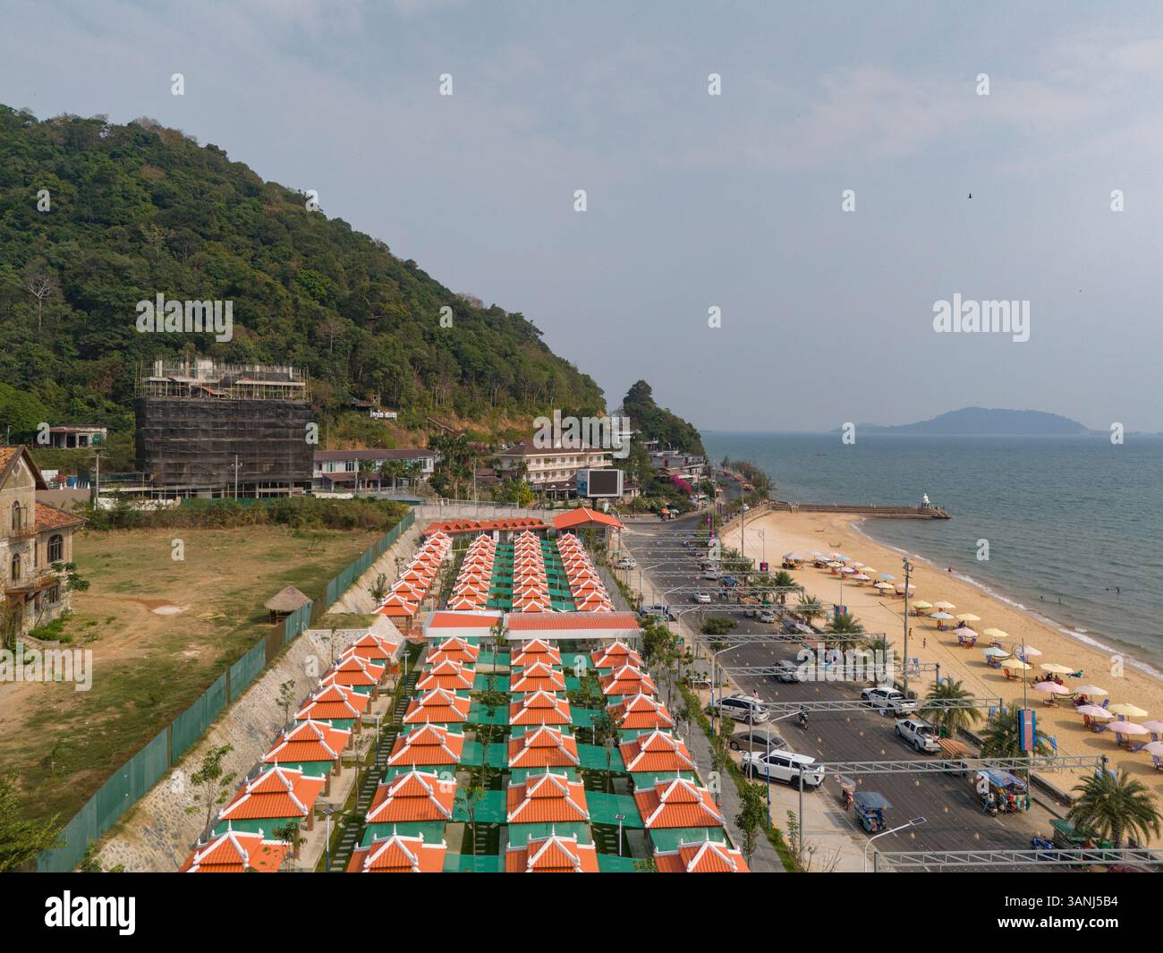 Aerial view of tropical kep beach with tents and umbrellas, Prey Thum ...