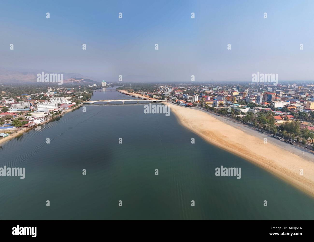 Aerial view of kampot beach and riverside with traditional buildings ...