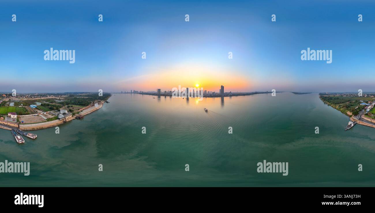 Aerial view of serene sunset over the Mekong and Tonle Sap river with a ...