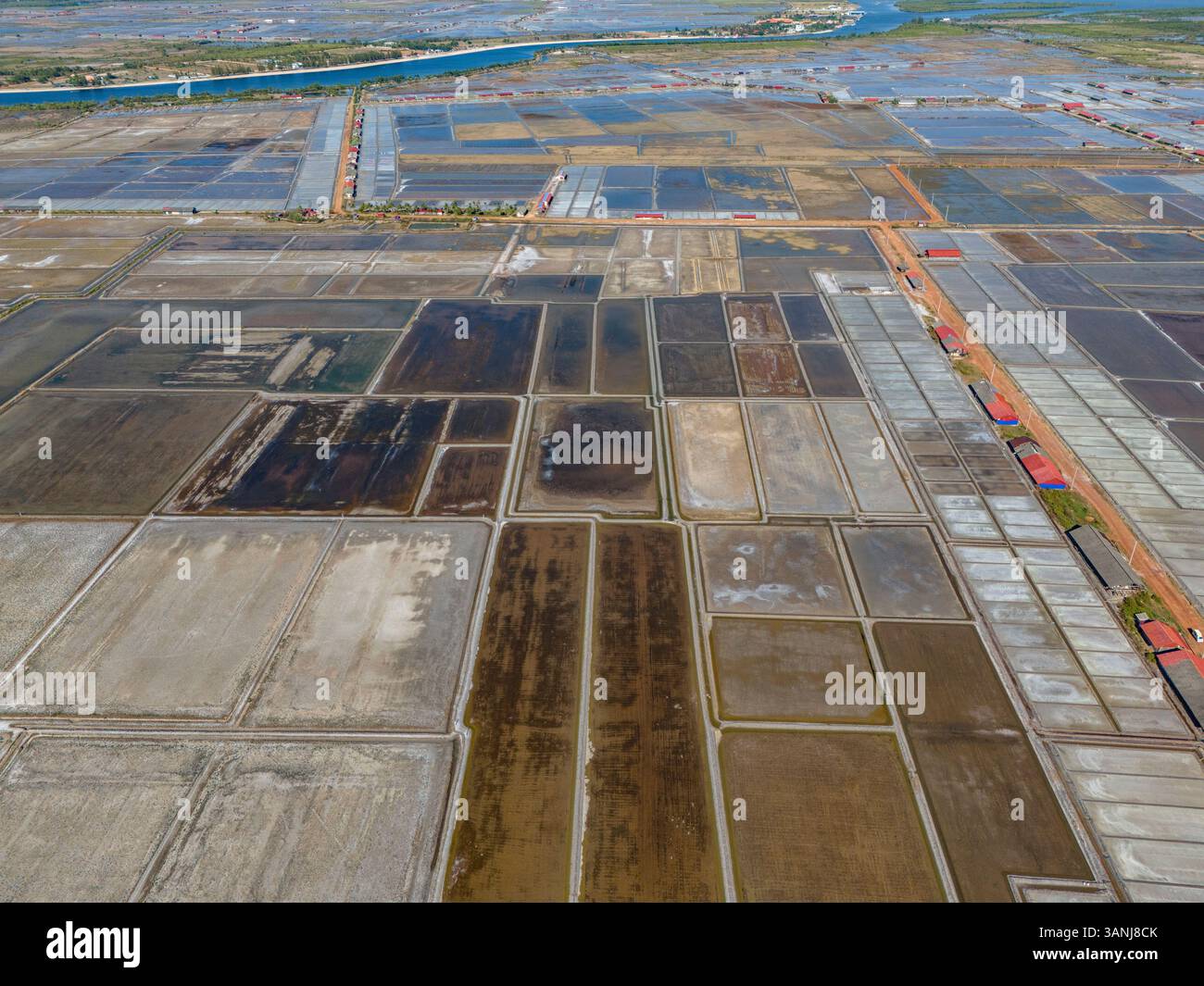 Aerial view of colorful salt fields in a beautiful wetland landscape ...