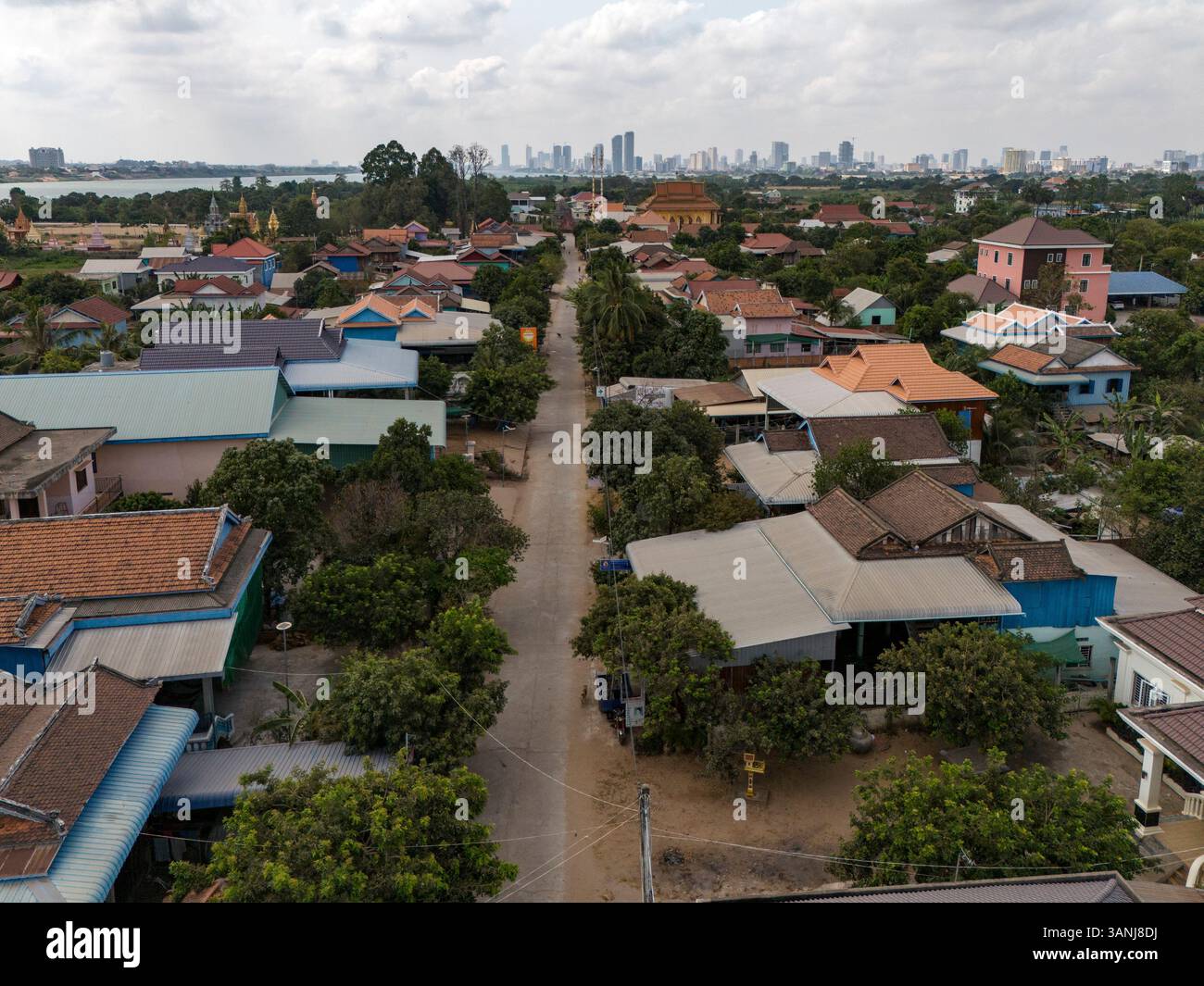 Aerial view of a peaceful village with traditional homes and greenery ...