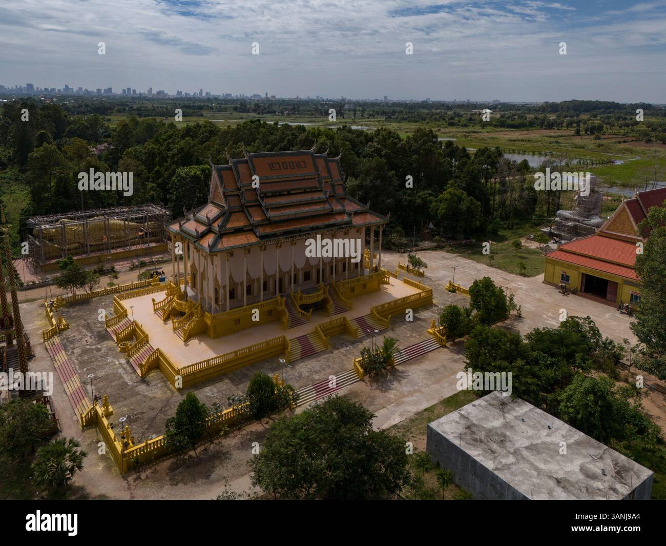 Aerial view of ancient buddhist temple and traditional buildings ...