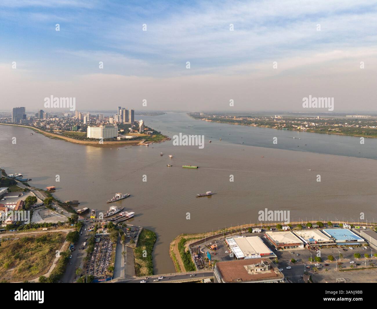 Aerial view of scenic skyline with beautiful buildings and river ...