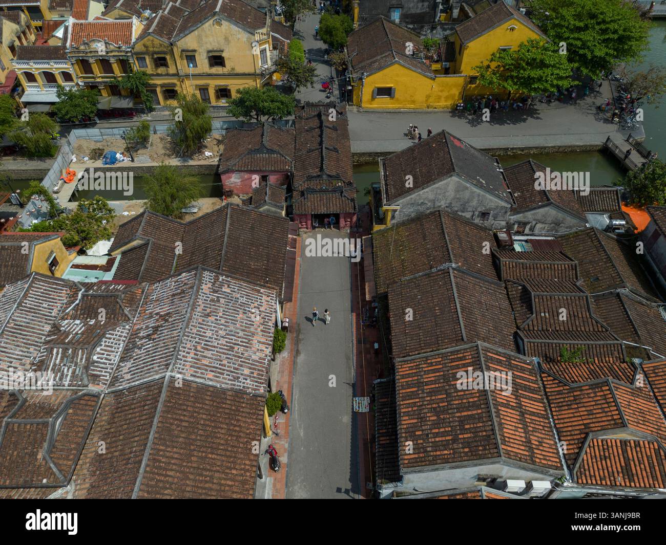 Aerial view of historic old town with beautiful yellow buildings and ...