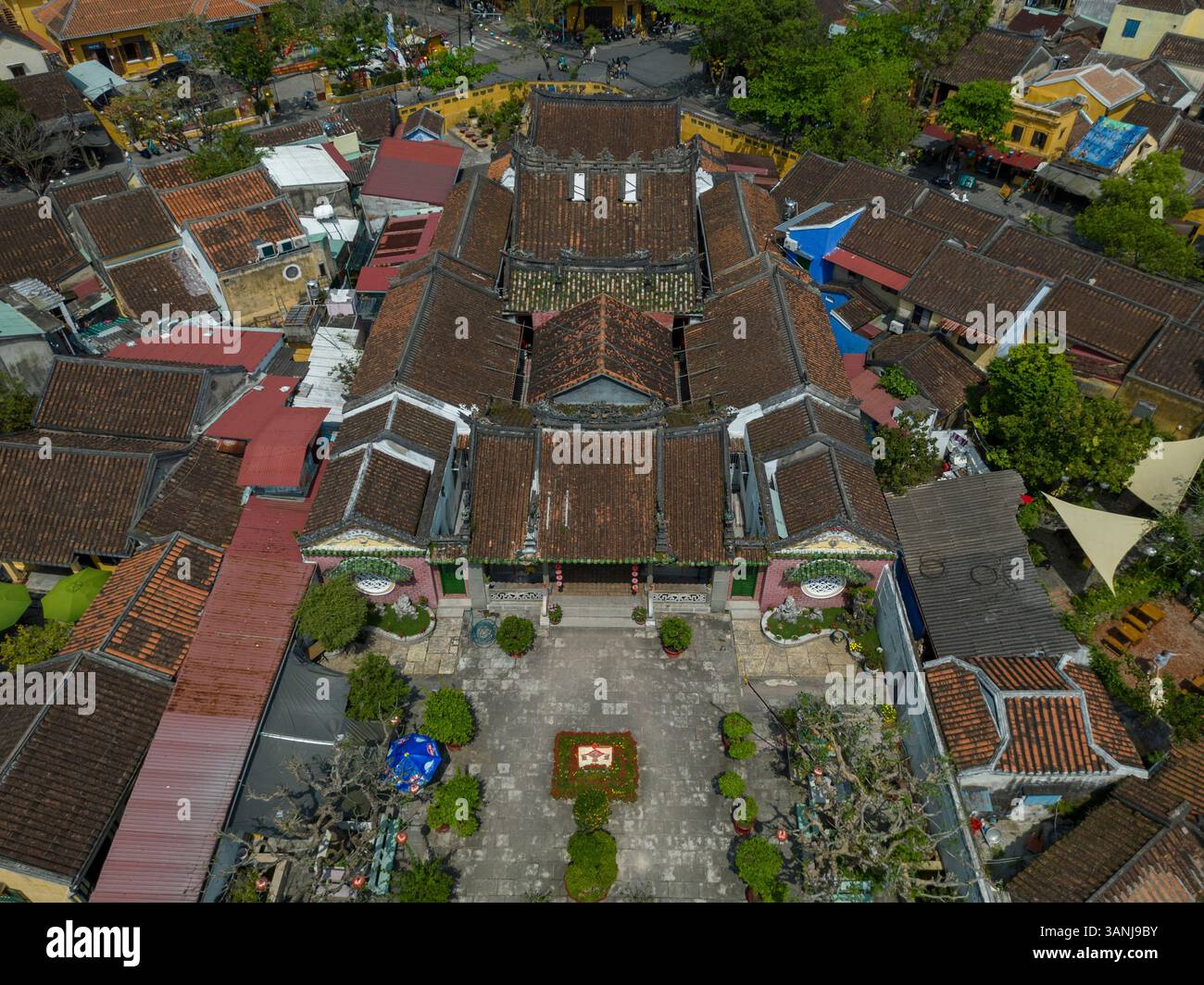 Aerial view of traditional architecture and colorful rooftops in a ...