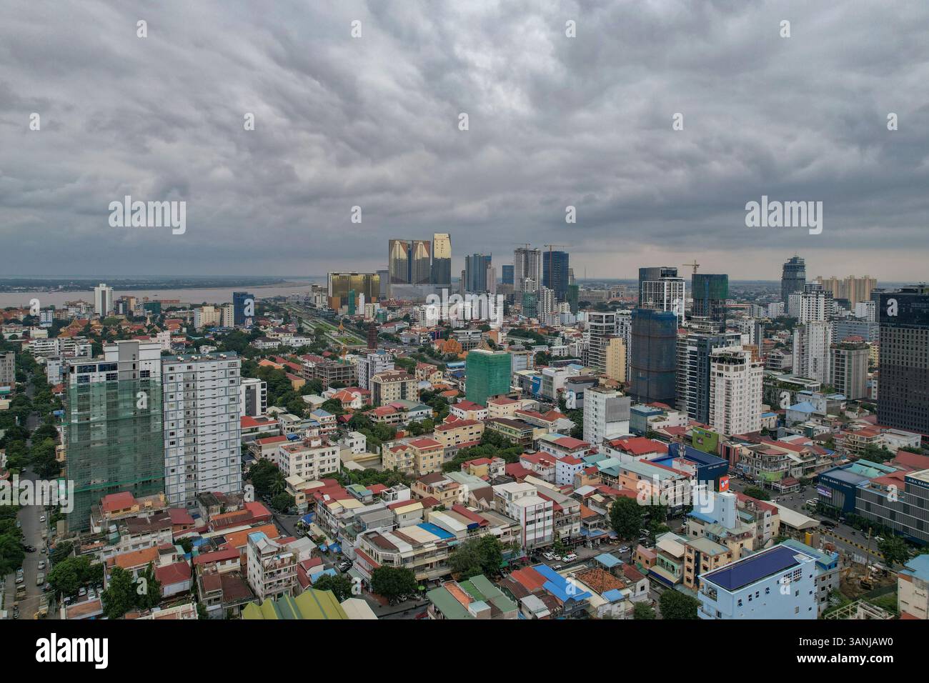 Aerial view of vibrant urban skyline with modern architecture and high ...