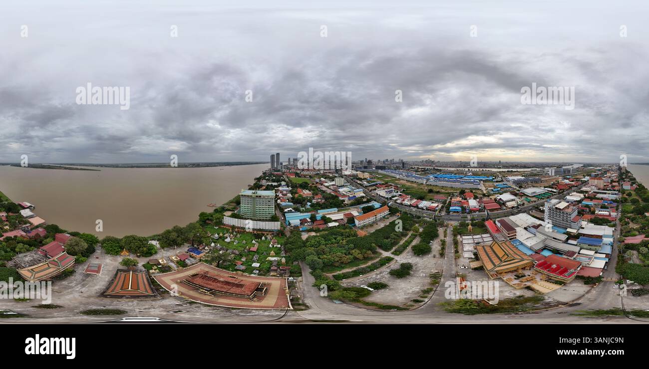 Aerial view of vibrant cityscape with modern architecture and a river ...