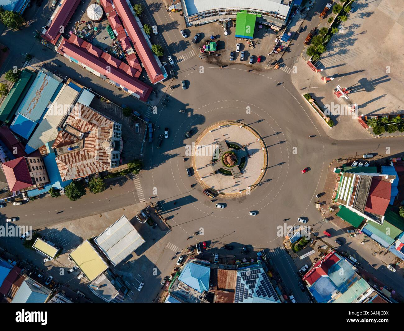 The durian roundabount from above in Kampot city center, Cambodia Stock ...