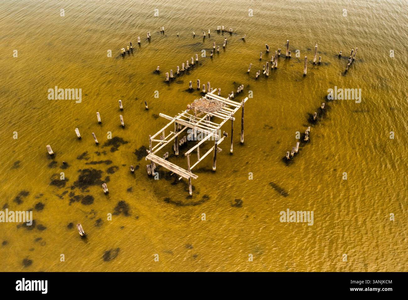 Aerial view of the construction of a pier and dock in Indian River ...
