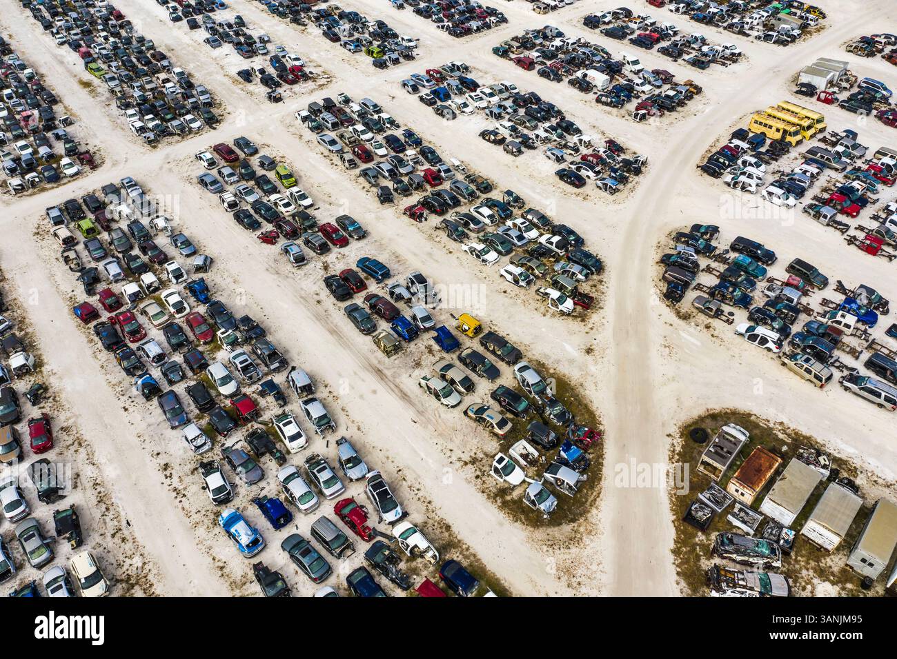 Aerial view of vehicles wrecks in a parking, Palmdale, Florida, United ...