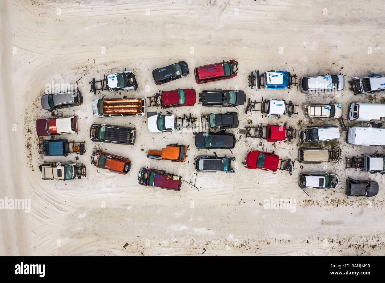 Aerial view of vehicles wrecks in a parking, Palmdale, Florida, United ...
