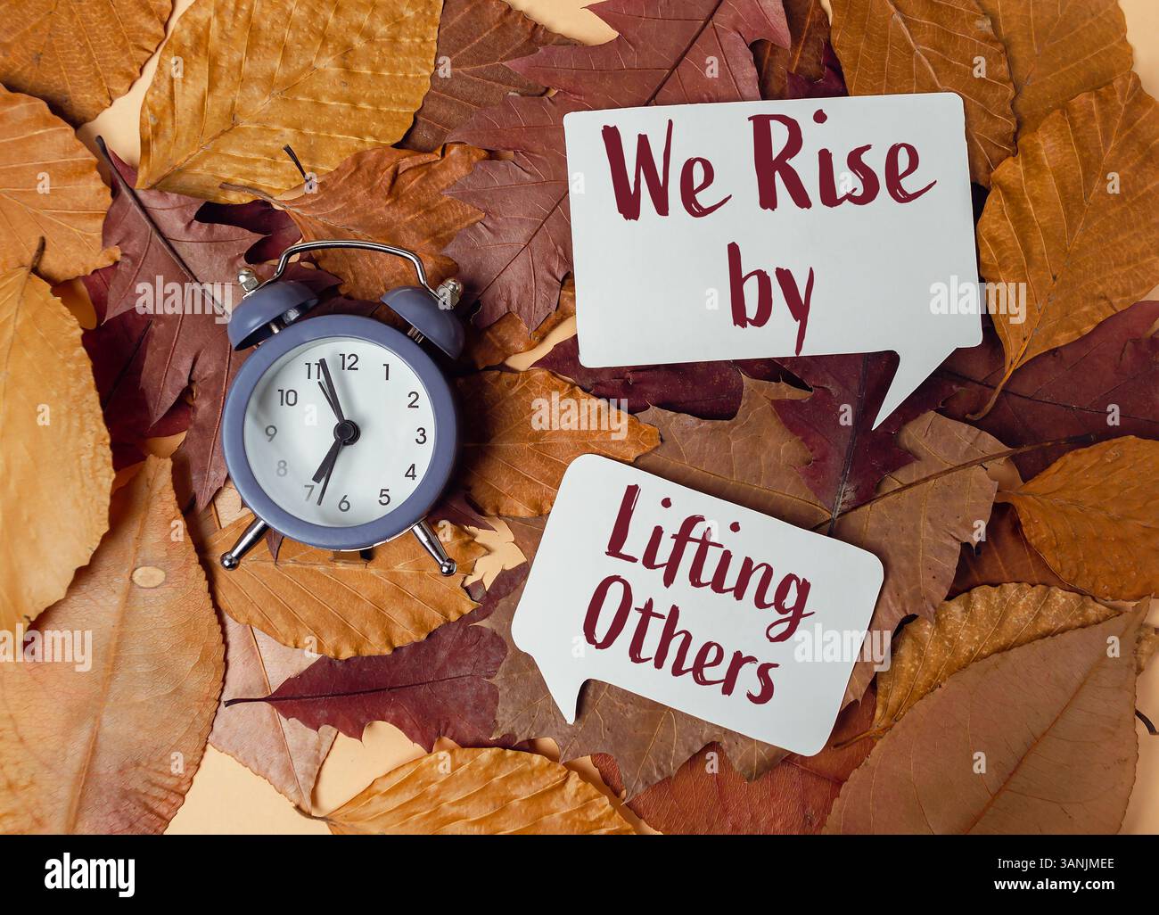 Clock is on a pile of leaves with the words "we rise by lifting others ...