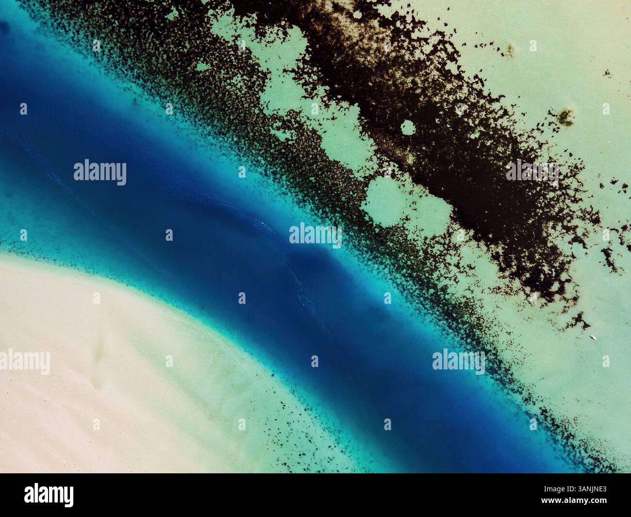 Aerial view of sandy lagoon with blue water, Langebaan Lagoon, South ...