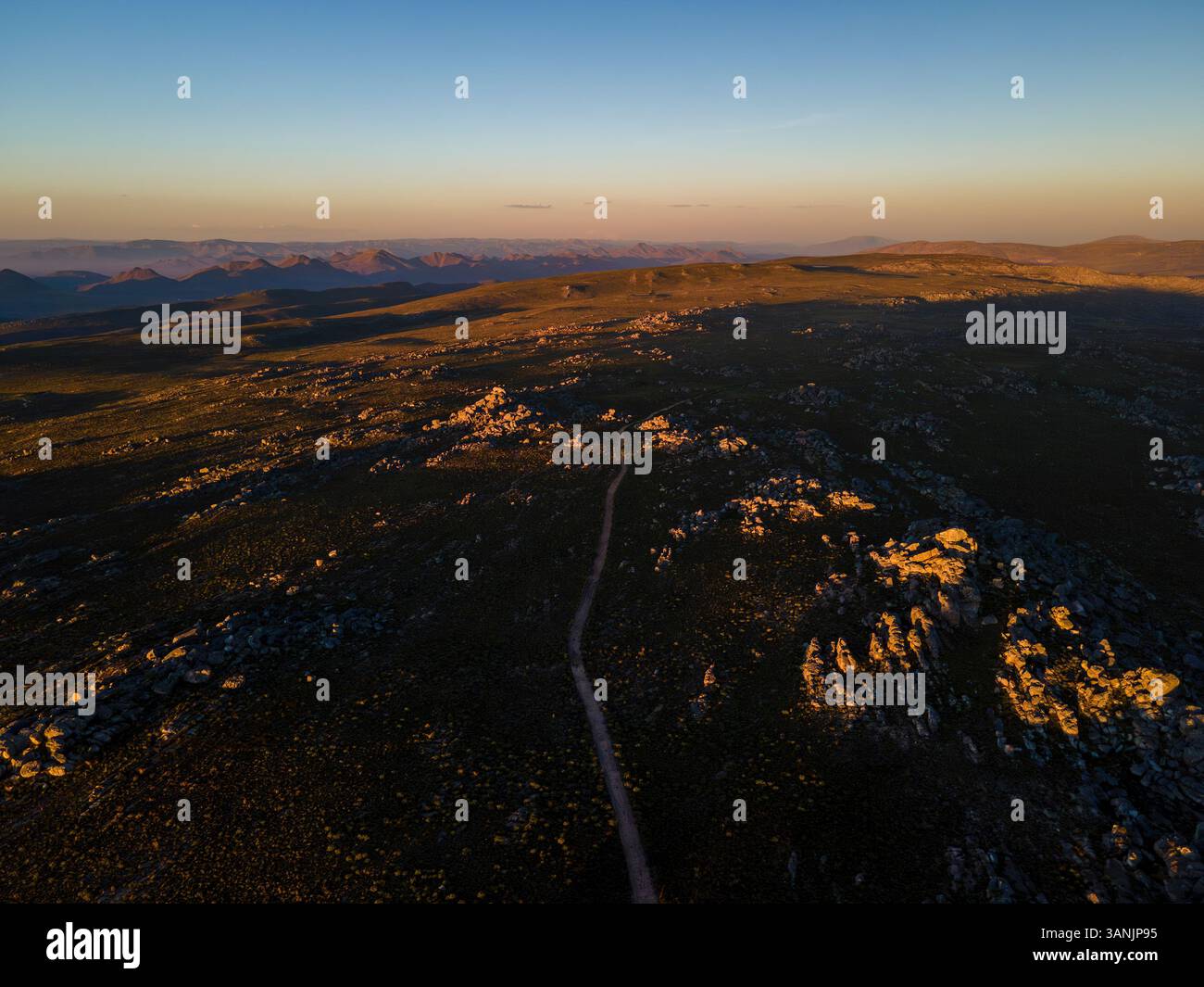 Aerial view of Karoo landscape with mountain peaks at sunset, Drie Kuilen, Western Cape, South ...