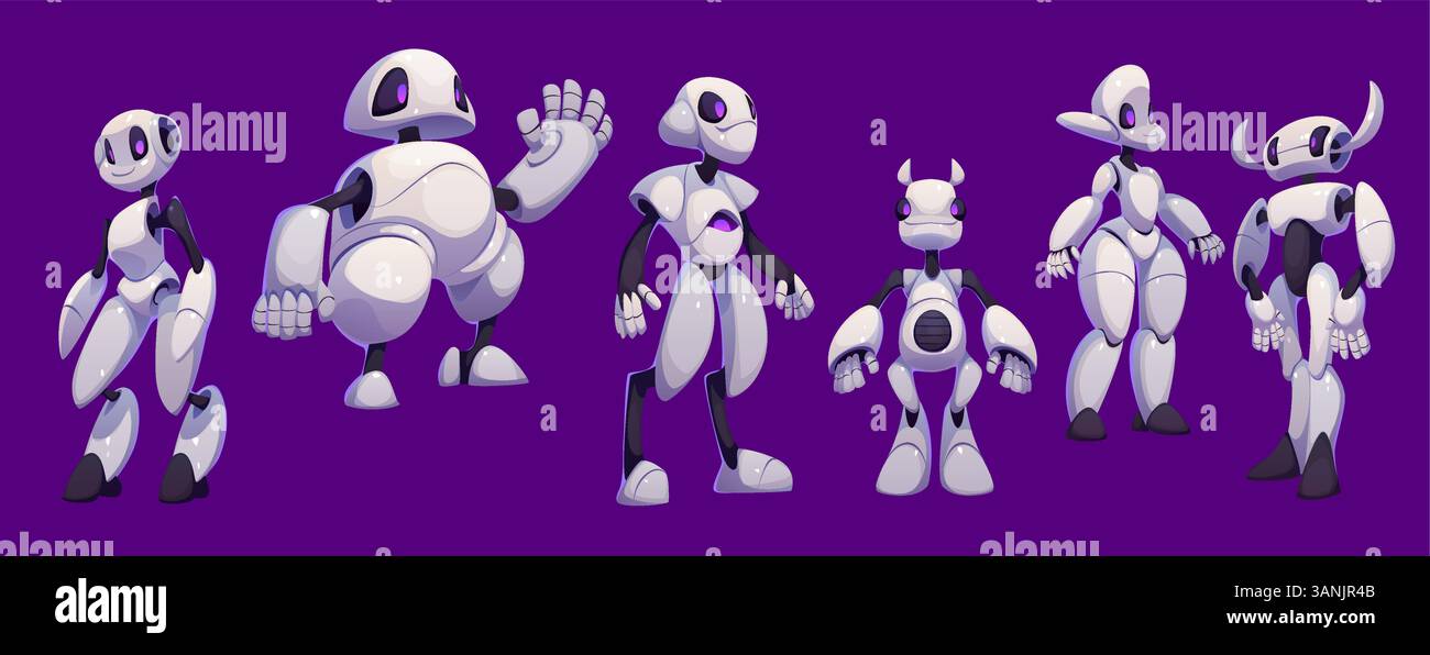 Cartoon futuristic robot characters, digital mascots. Vector white bot toys and AI chatbot ...
