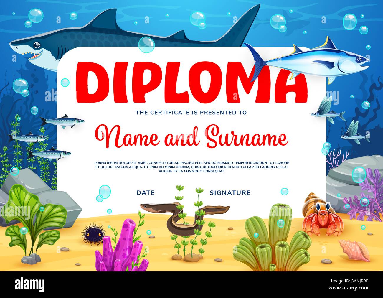 Kids diploma with sea animals and fish. Preschool education diploma ...