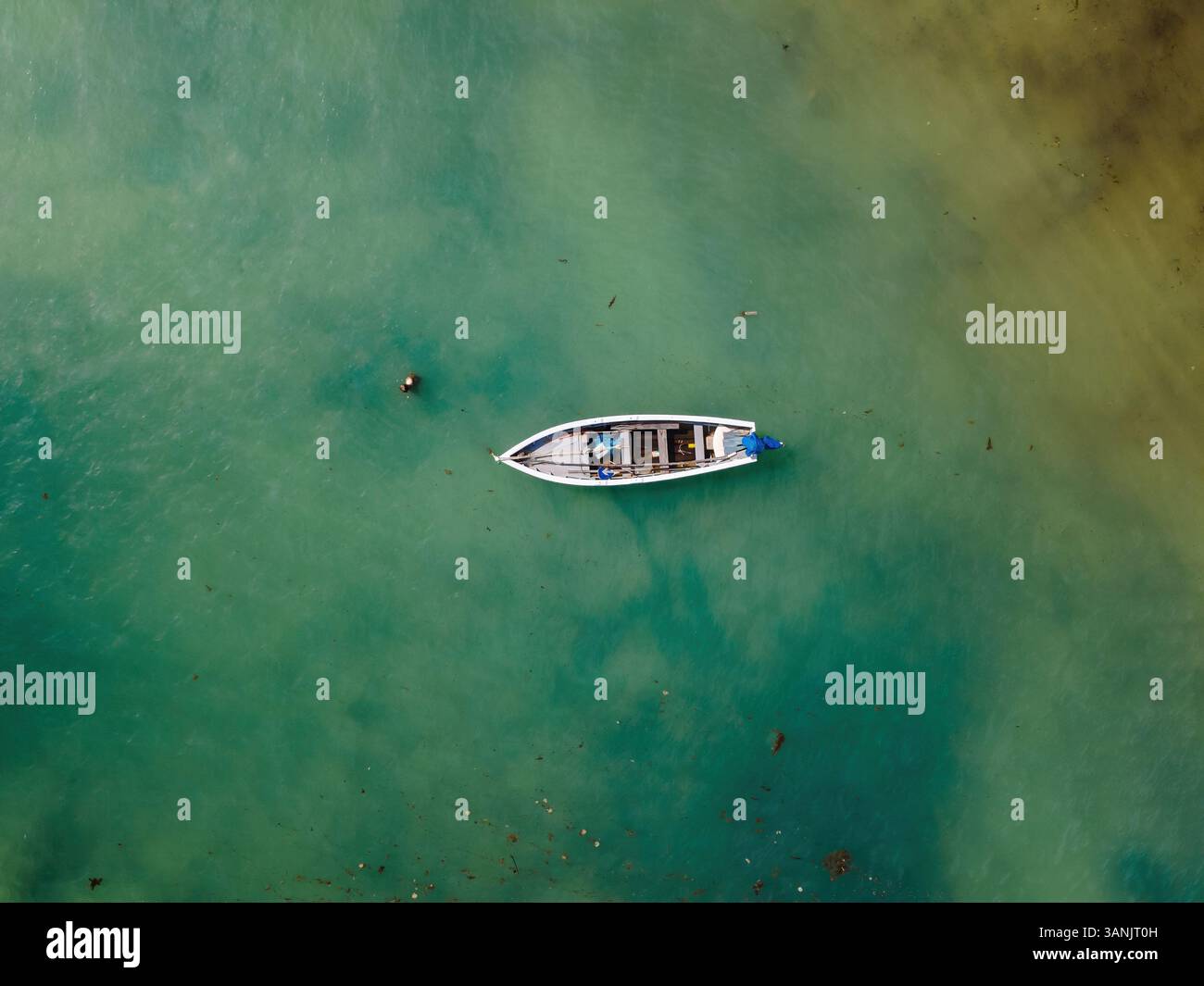 Aerial view of small fishing boat on crystal clear blue ocean, Pointe ...