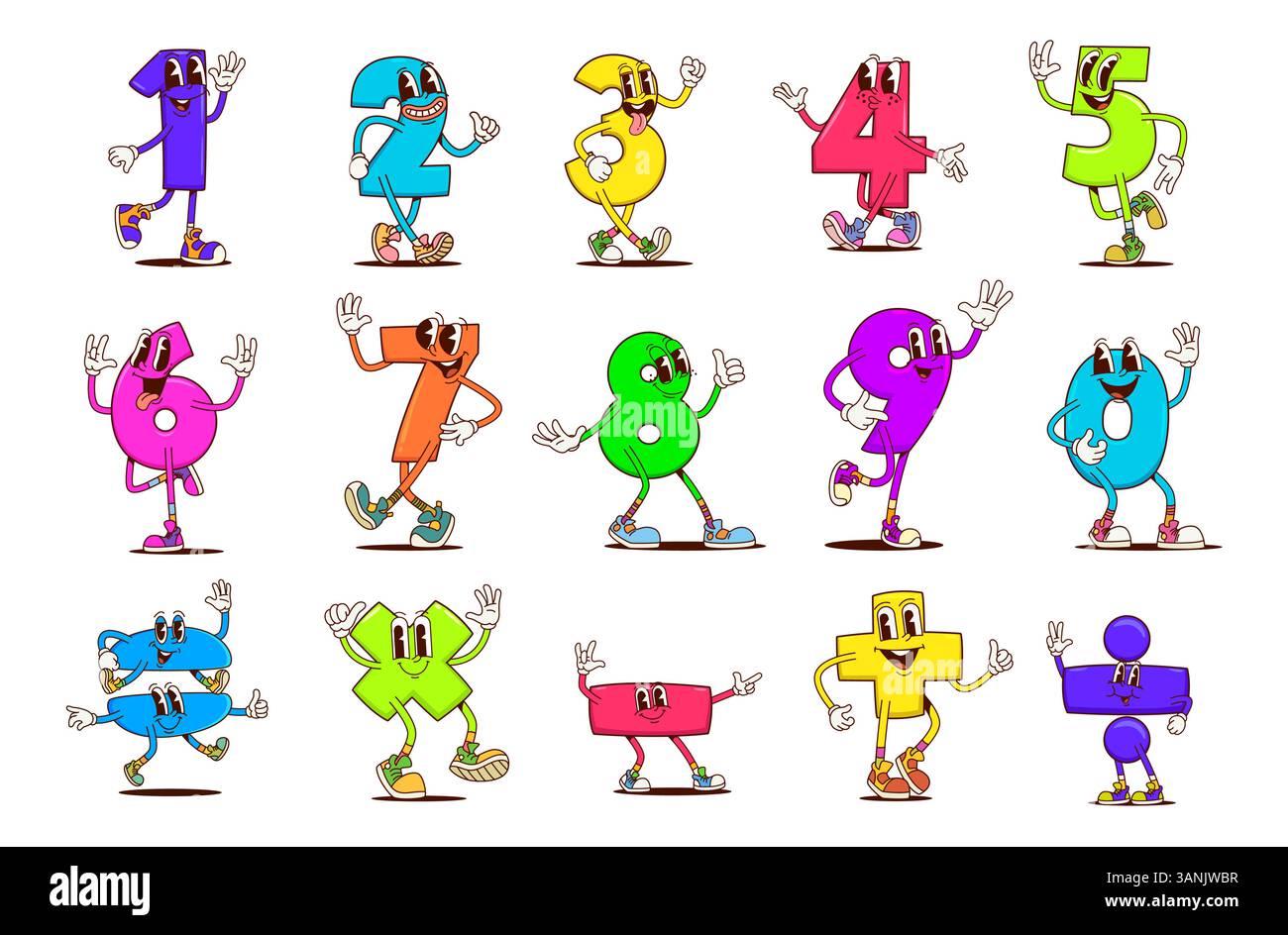 Math number groovy characters, vector retro happy mathematics symbol ...