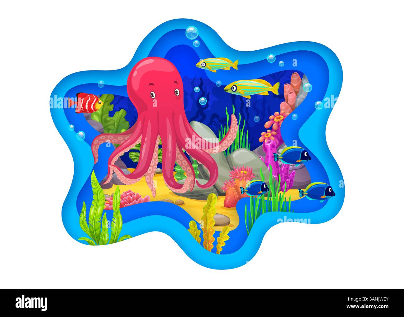Paper cut banner with octopus at underwater sea landscape in vector 3d ...