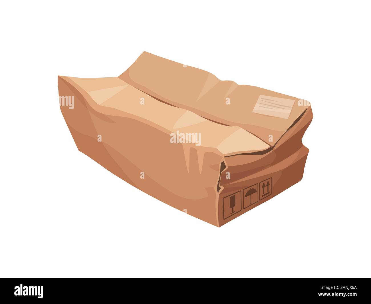 Damaged and ripped delivery cardboard box. Ripped wet shipping box, destroyed dirty isolated ...