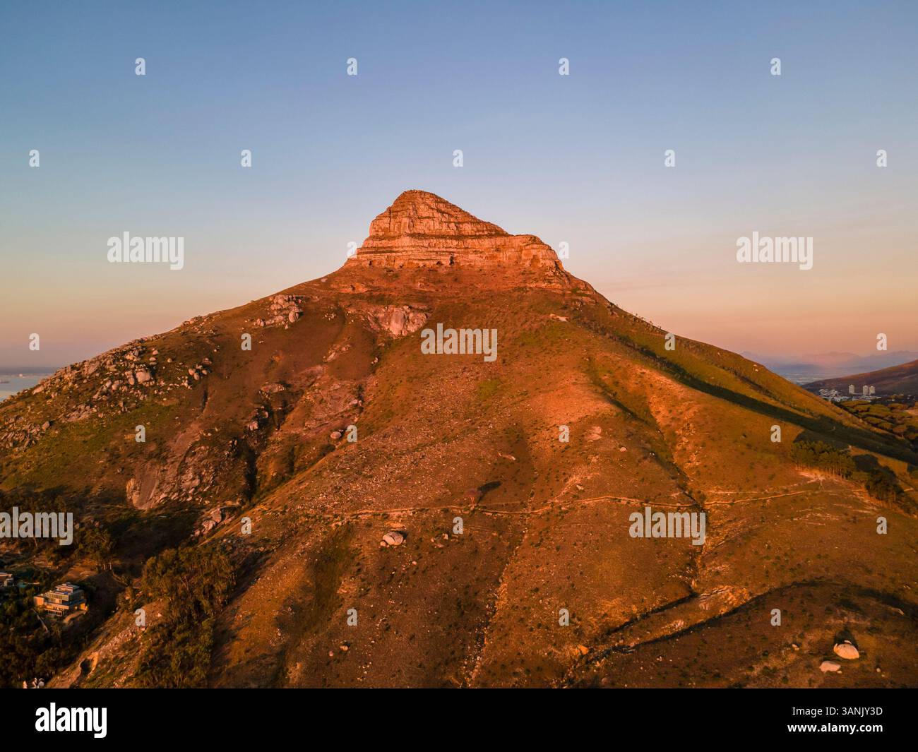 Aerial view of Lion’s Head in golden hour sunset, Cape Town, South ...