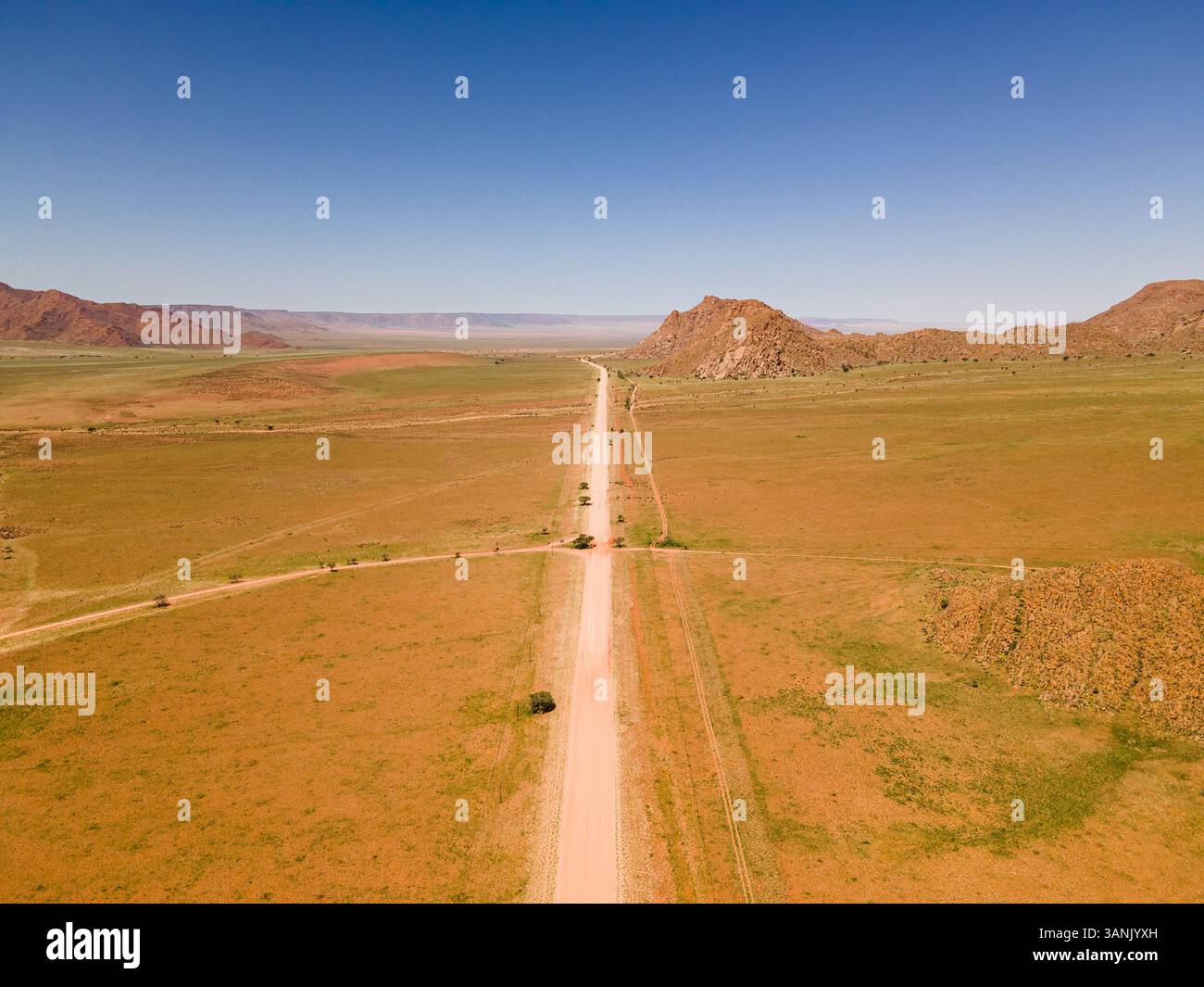 Aerial view of Tirasberg Conservancy desert park landscape with roads ...